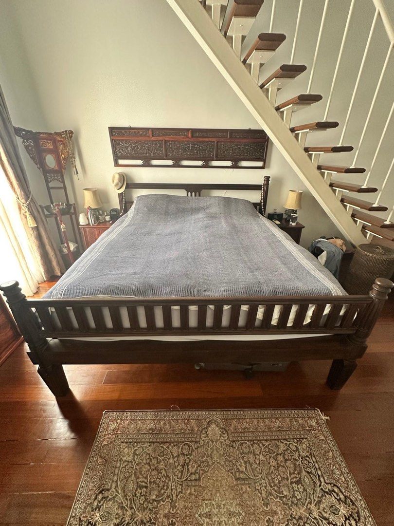 John Erdos Teak Wooden Bed Frame with Chinese Carving Headboard ...