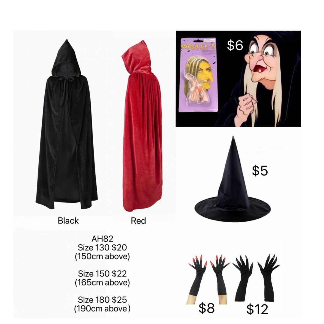 Black Red Wizard's Robe Halloween Cloak Cosplay witch hat gloves nose ...