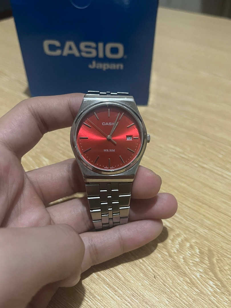 Casio MTP-B145D-4A2 Silver Watch with Red Dial, Men's Fashion, Watches ...