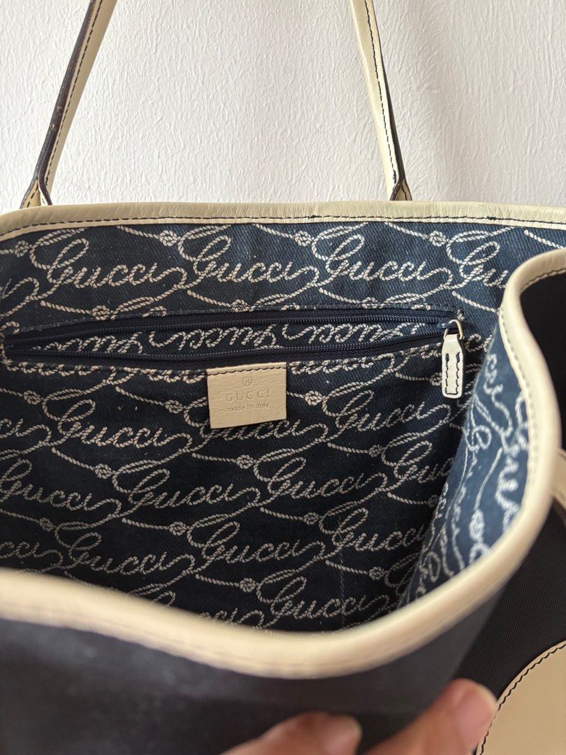 Gucci Script Logo Nylon Tote with Cream Leather Teim, Luxury, Bags ...