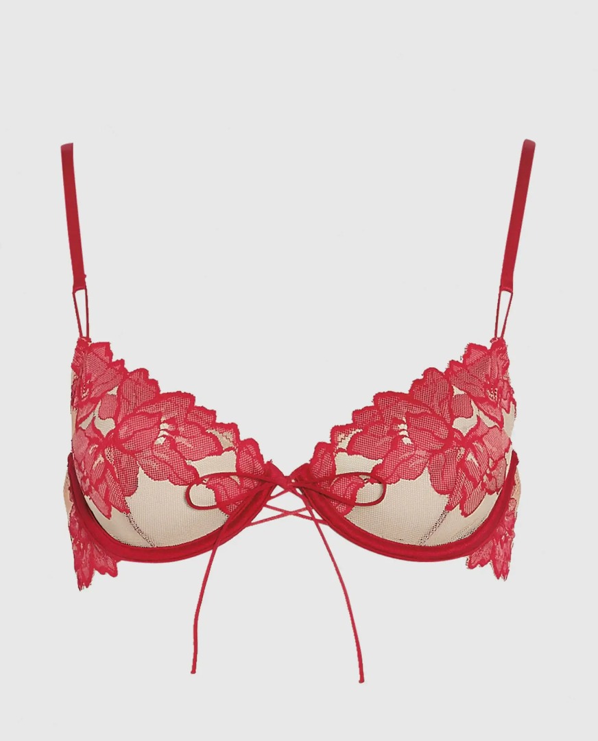 La Senza Unlined Red Floral Lace Bra 34D, Women's Fashion, New ...