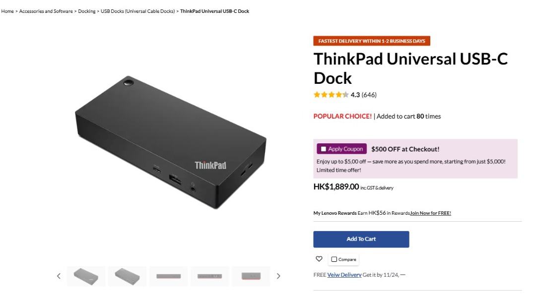 Lenovo ThinkPad Universal USB-C Dock, 電腦＆科技, 電腦周邊及配件, 電腦線、轉接線及轉換器 ...
