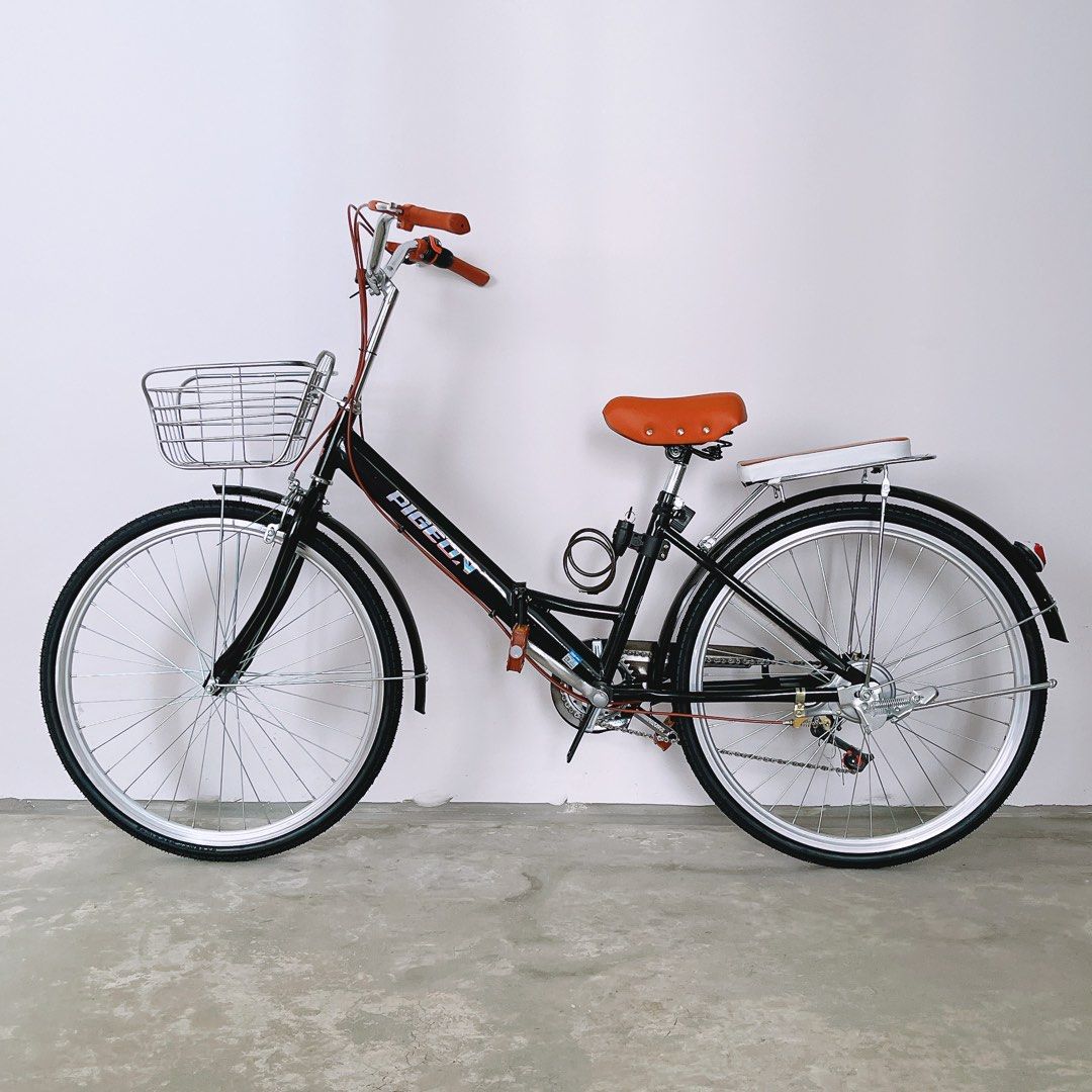 26” Airless/ Solid Tires Pigeon Black Vintage Style Foldable Bicycle with Basket - 7 Speed ...