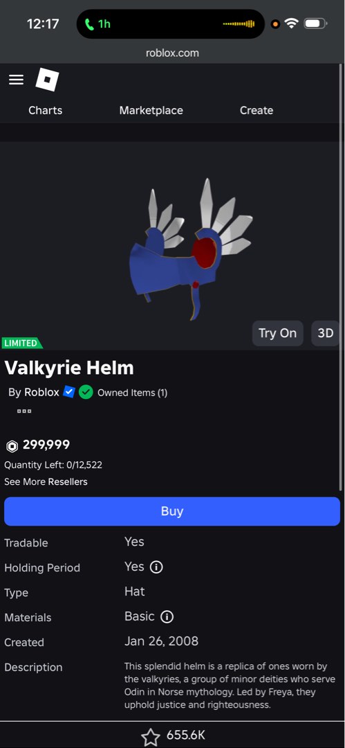 Roblox LIMITED Valkyrie Helm - 1K/$9 , Video Gaming, Gaming Accessories ...