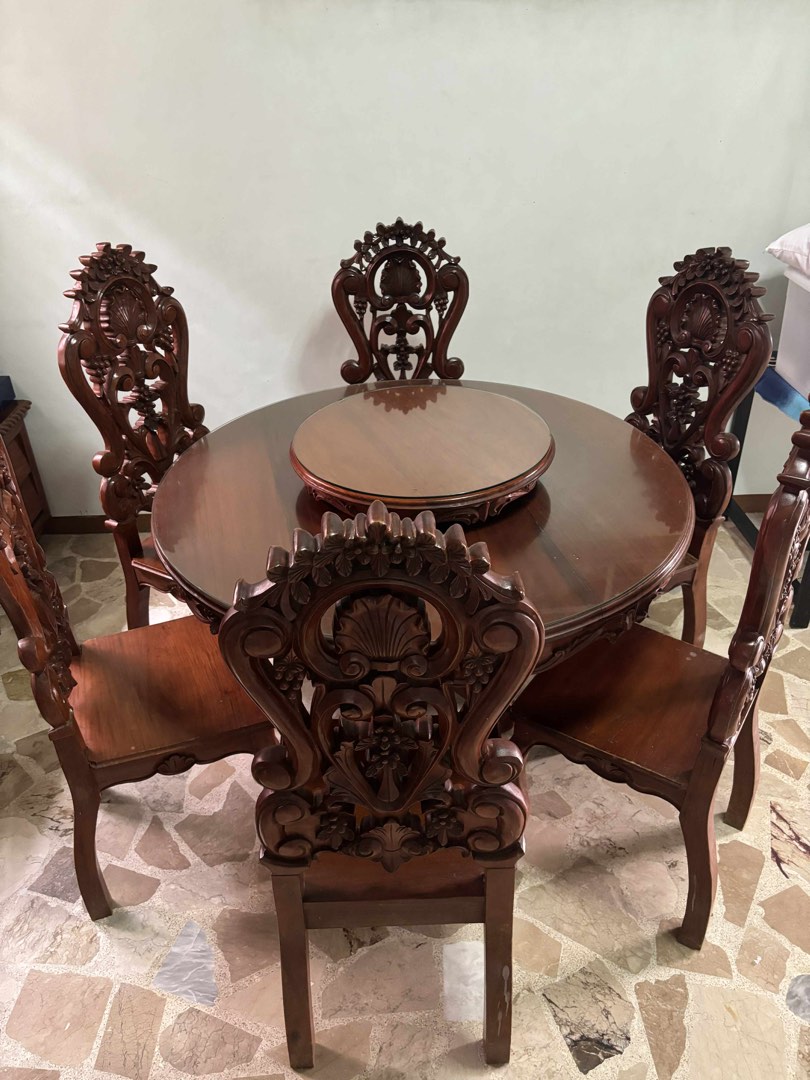 Antique Narra Round Dining Table with Lazy Susan, Furniture & Home ...