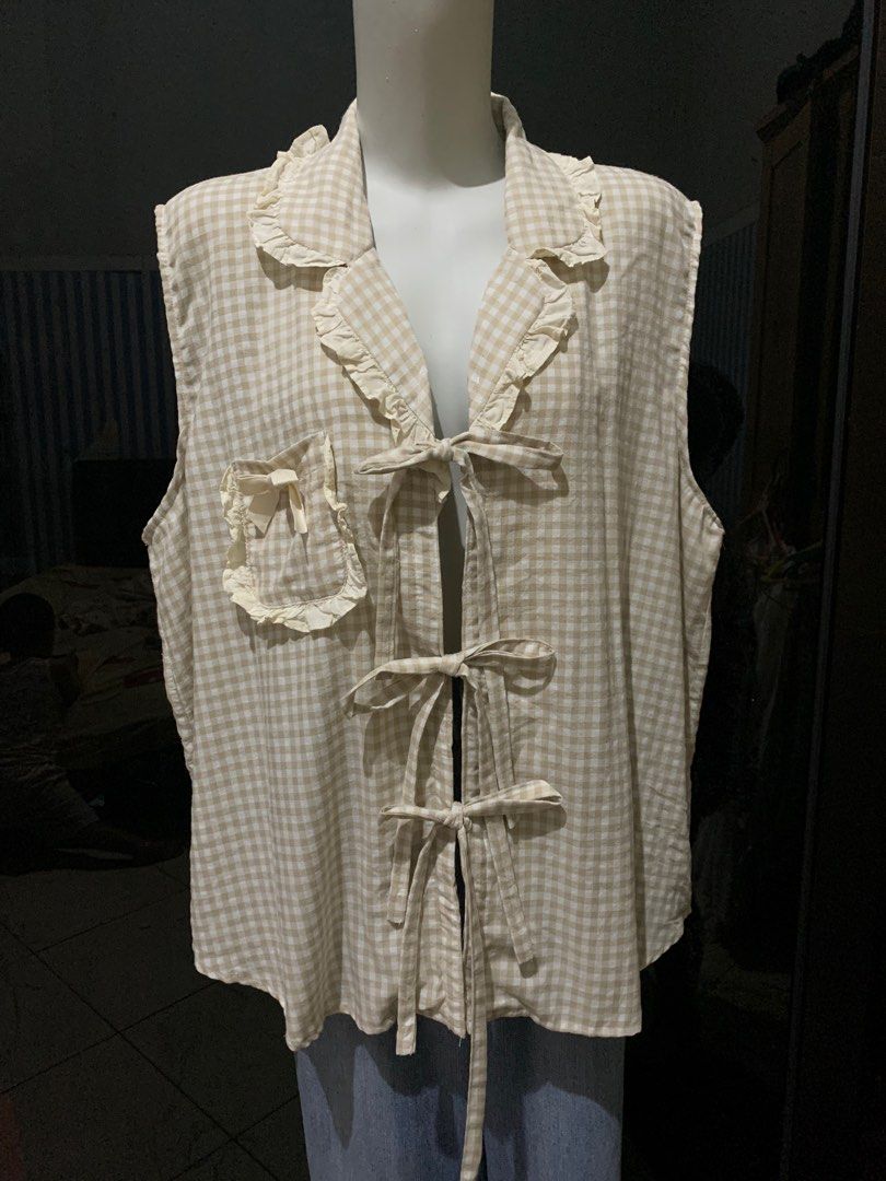 Gingham top | ribbon tartan outer | vest putih coksu coklat muda pita ...