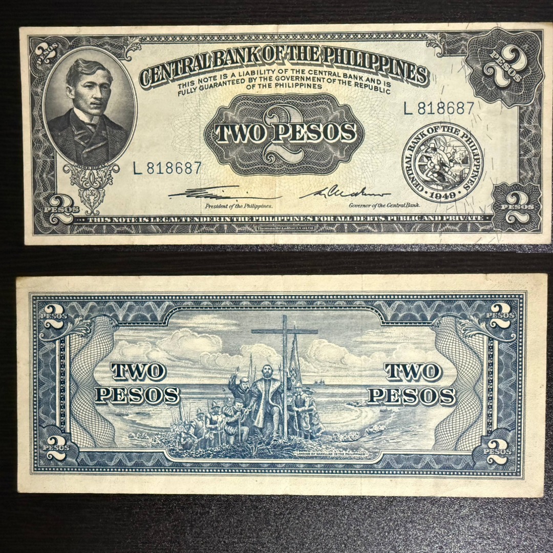 2 peso 1949 English Series Quirino Cuaderno Signature RIZAL Design ...