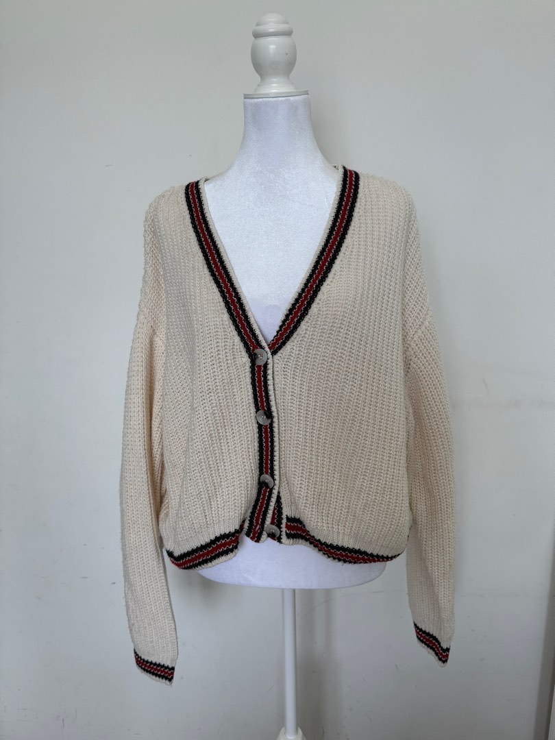 Cream Knit Cardigan with Striped Trim, Women's Fashion, Coats, Jackets ...
