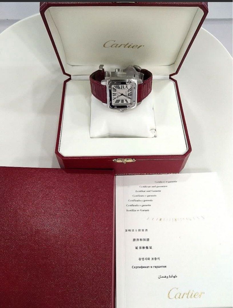 Cartier Santos Automatic Watch with Red Leather Strap, Luxury, Watches ...