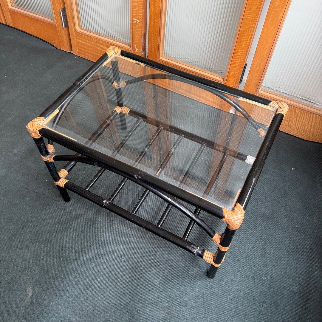 Original Vintage Classic Rattan Glass Coffee Side Table Meja Kopi Kecil ...