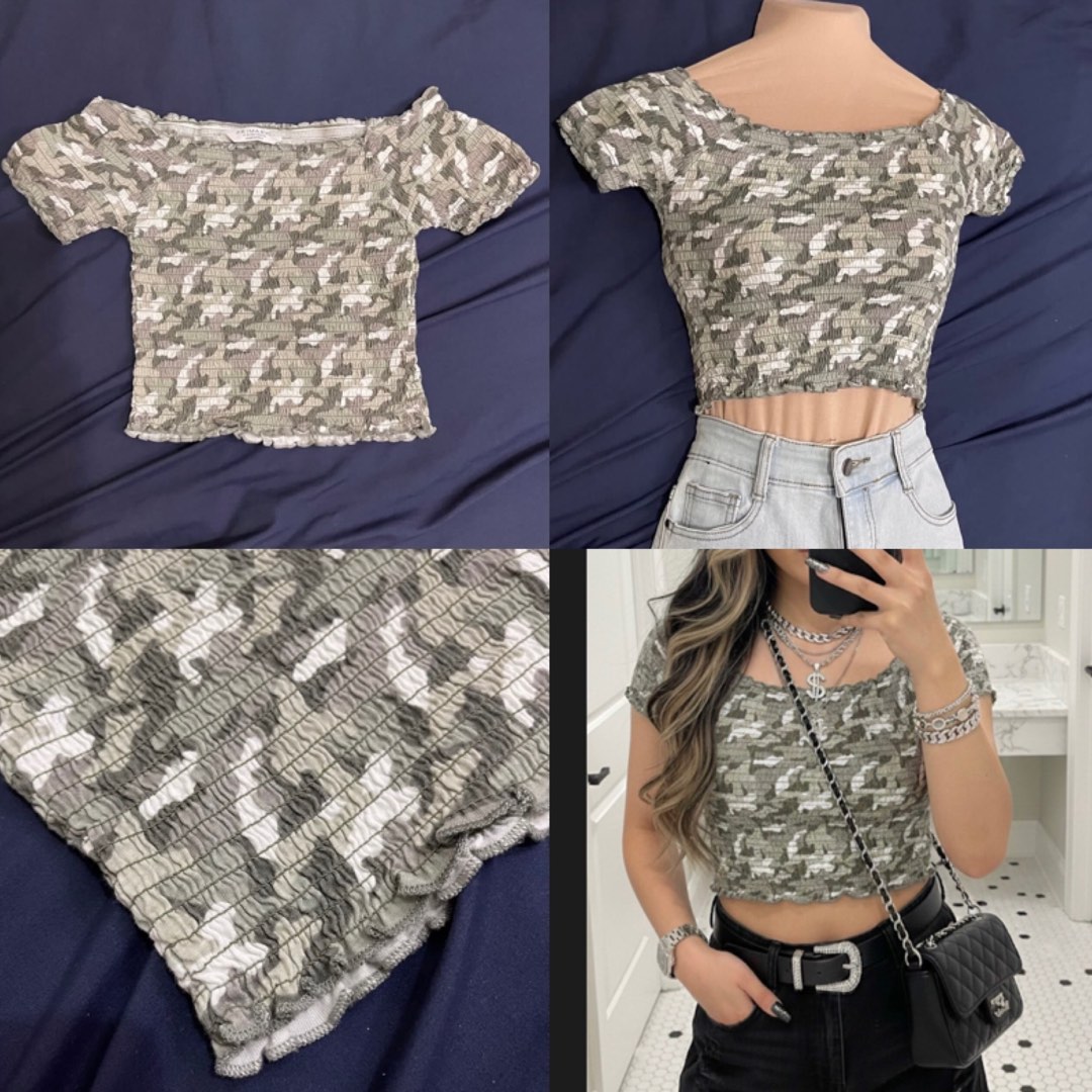 SS33. PRIMARK Y2K GREEN GRAY CAMO SMOCKED SHORT SLEEVE SQUARE NECK ...