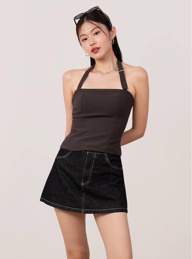 6styleco mod padded halter top brown, Women's Fashion, Tops, Sleeveless ...