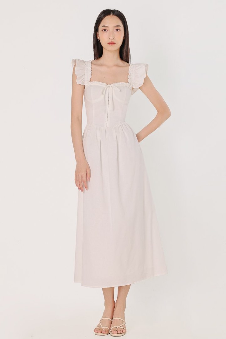 LOVET LEIGH PADDED LINEN CORSET RIBBON TUBE MIDAXI DRESS (WHITE), Women ...