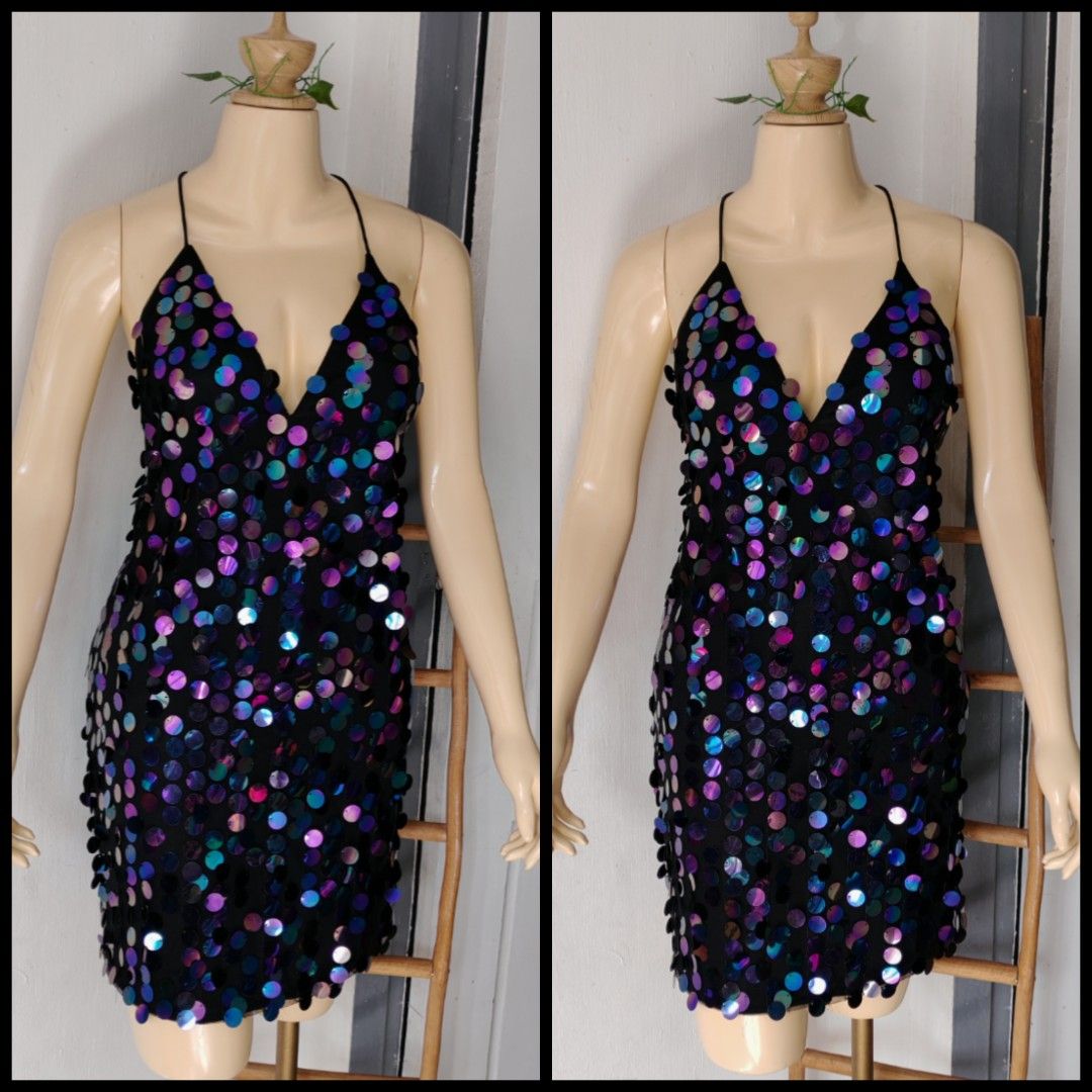 Sequins Mini Dress Sparkly Iridescent Sequins Sleeveless Deep Vneck ...