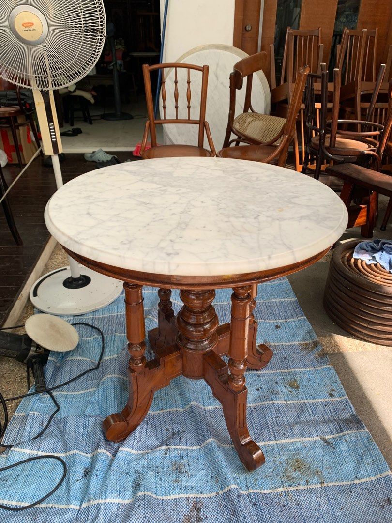 Vintage teak marble kopitiam table 70cm, Furniture & Home Living ...