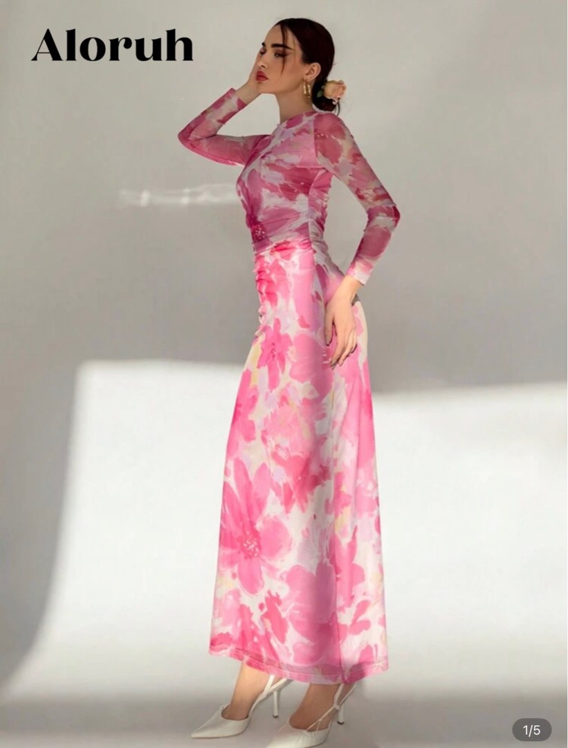 Aloruh Valentine's Day Pink Floral Maxi Dress, Women's Fashion, Dresses ...