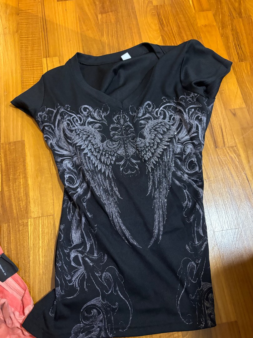 Grunge alt black rhinestone wings top, Women's Fashion, Tops, Shirts on ...