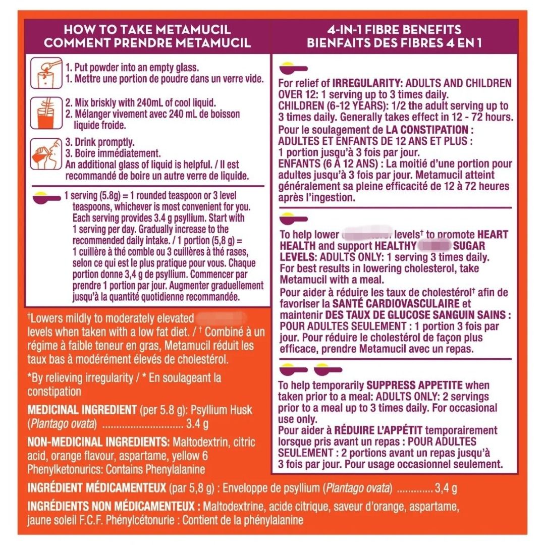 MetaMUCIL - 4合1美達施膳食纖維粉114劑 662g (香橙味)無糖 生酮減肥纖體瘦身 便秘 腸道排毒 洋車前子 代餐 能量饮 ...