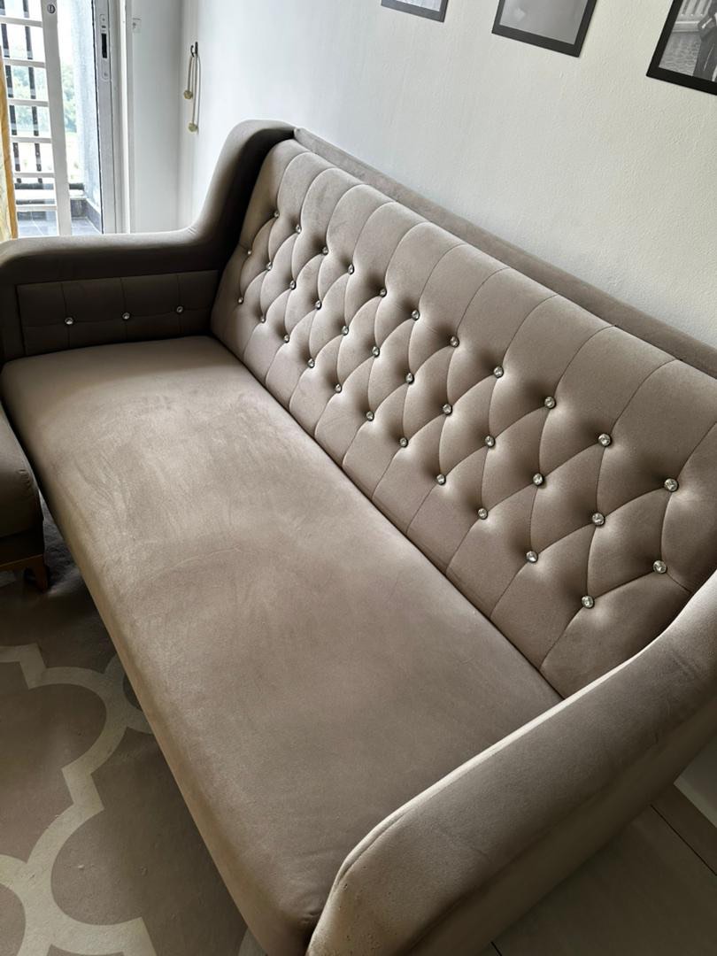 Ruang Tamu Sofa L Shape. Sofa Baldu Khaki color, Furniture & Home ...