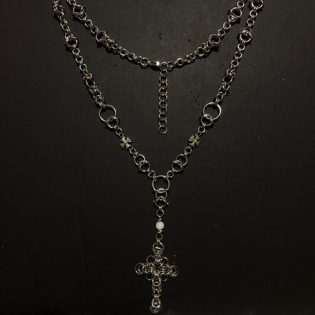 Chainmail necklace cross silver chrome inspired pearl hearts long ...