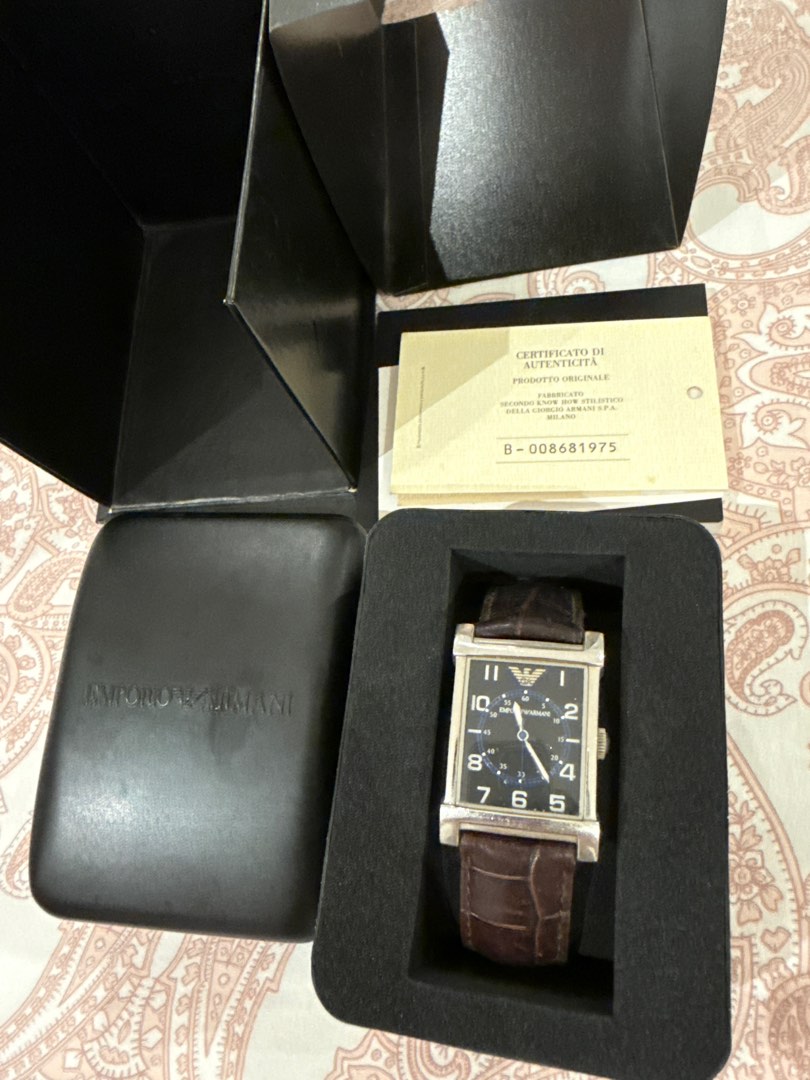 Emporio Armani Rectangular Watch with Leather Strap, Men's Fashion ...