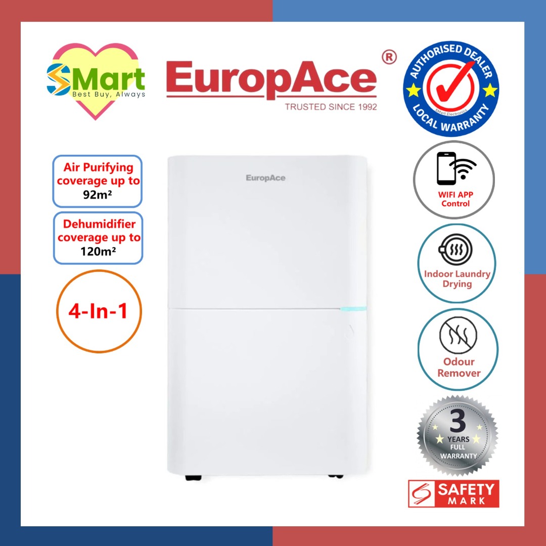 EuropAce 25L 4-in-1 Smart Dehumidifer with Air Purifier & Ionizer ...