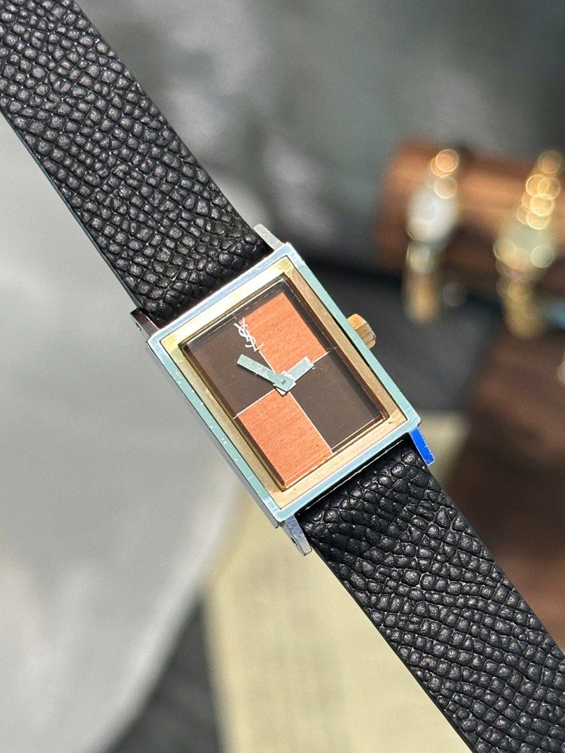 Vintage YSL Checkerboard-Style Sunburst Dial Tank Leather Straps Watch ...