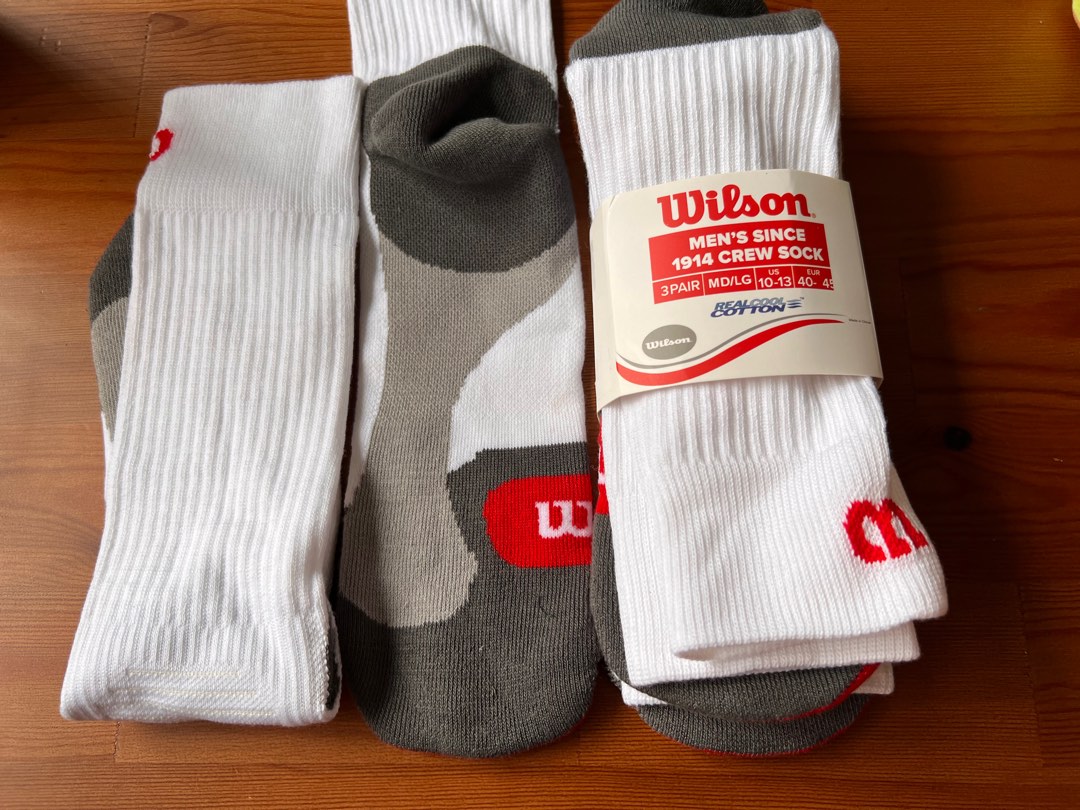 3 pair set Wilson Crew socks in white with red logo tennis, badminton ...