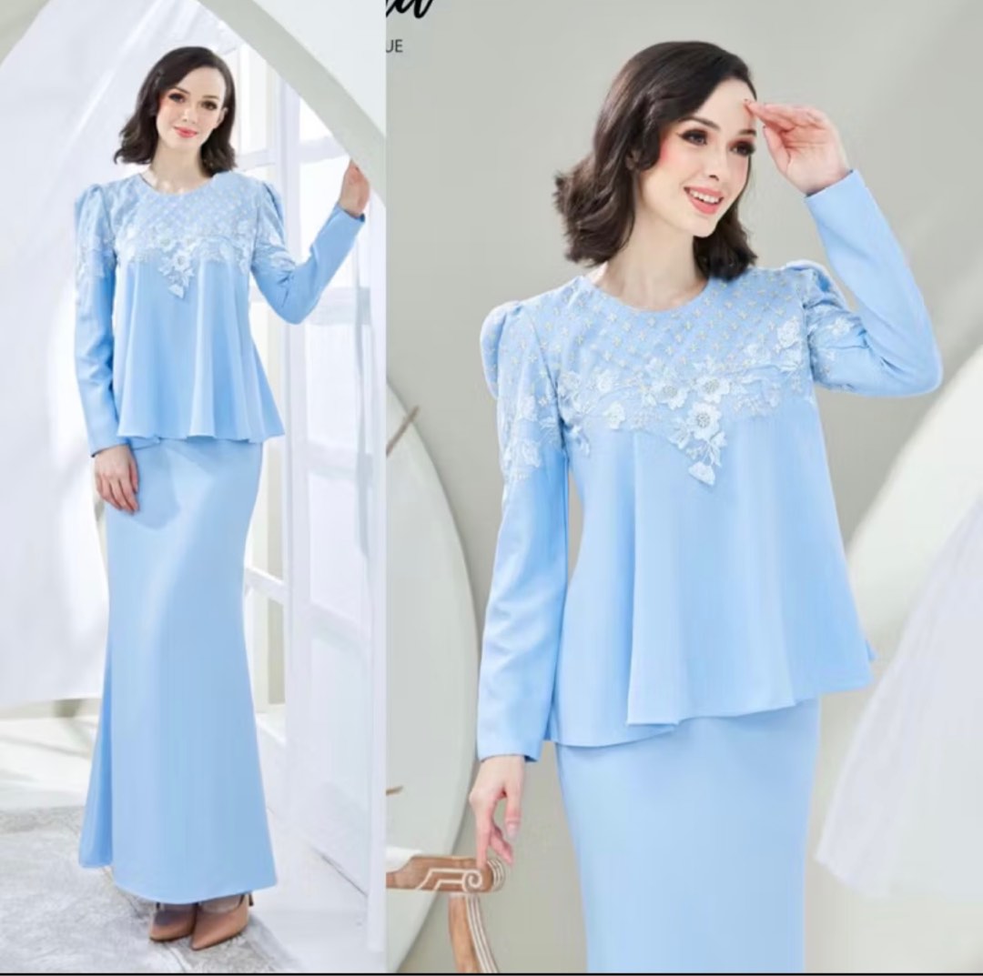 chic choc baby blue kurung, Women's Fashion, Muslimah Fashion, Baju ...