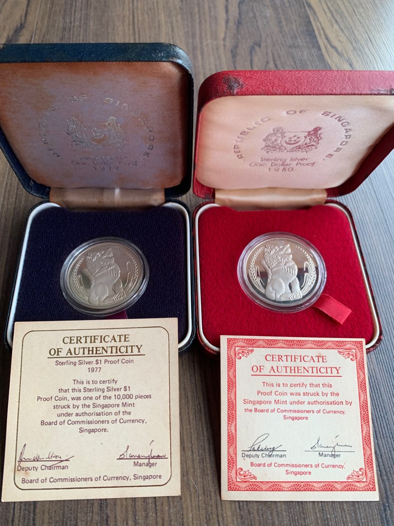 T378 - Singapore 1977 & 1980 Silver Proof Merlion Dollar Coins (2 Coins ...