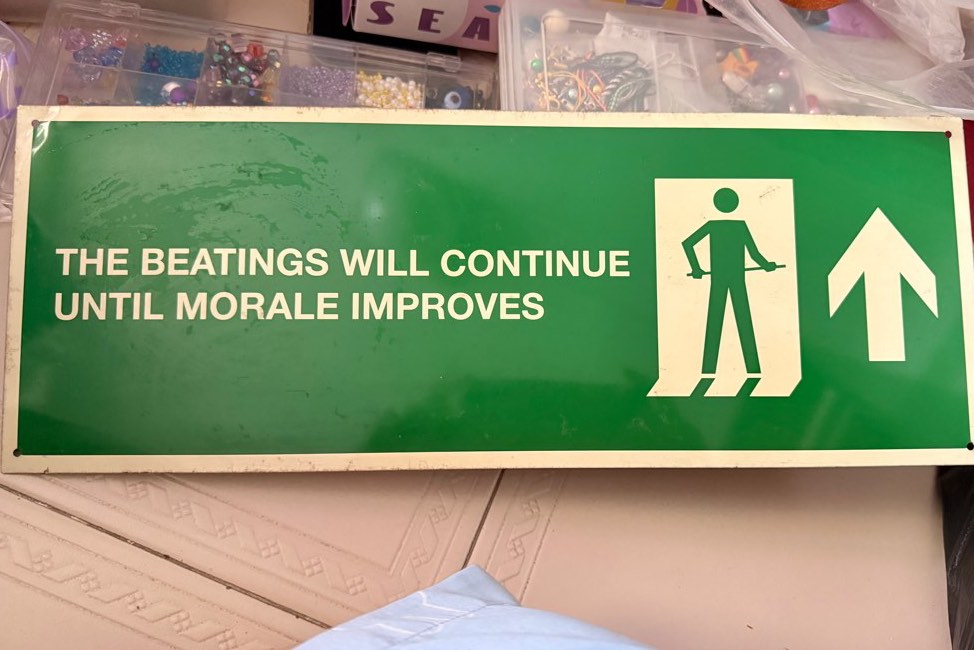 Vintage 'The Beatings Will Continue' Sign display fun metal thin plate ...