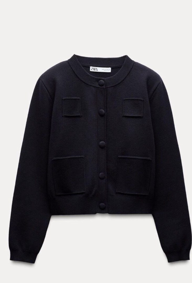 Zara shoulder pad knit cardigan in Blue Black, Women's Fashion, Coats ...