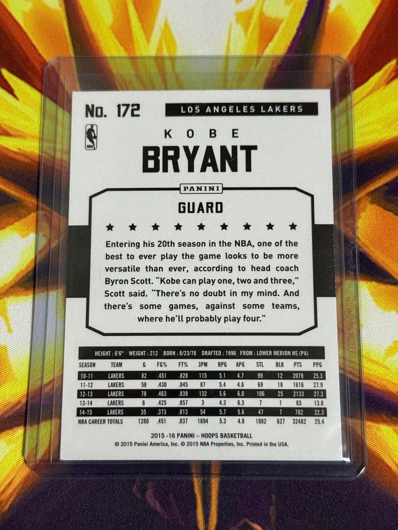 2015-2016 NBA Panini Hoops Basketball Card - Kobe Bryant *Lebron James ...