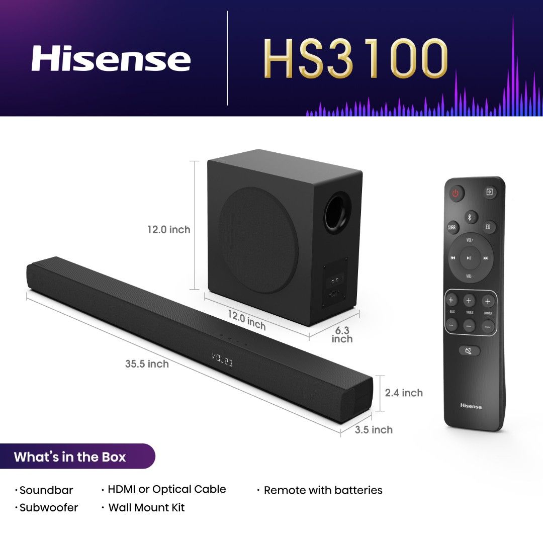 Hisense HS3100 Soundbar + Subwoofer | 480W | Dolby Digital Plus | DTS ...