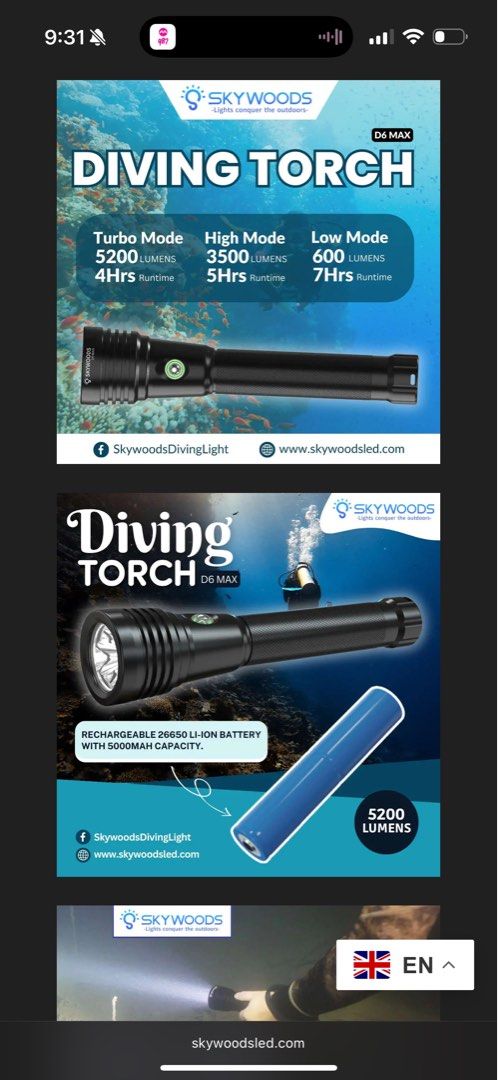 Skywoods Diving Flashlight D6 Max - 5200, Sports Equipment, Other ...