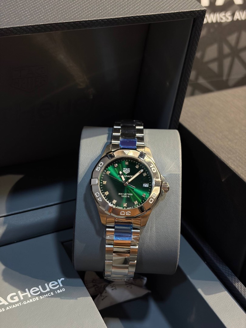 Tag Heuer Aquaracer Diamonds Emerald Green Dial Silver Steel Strap ...