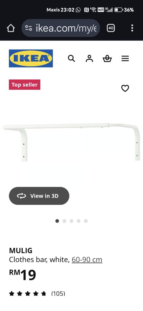 IKEA MULIG Clothes Bar - White, Furniture & Home Living, Home ...
