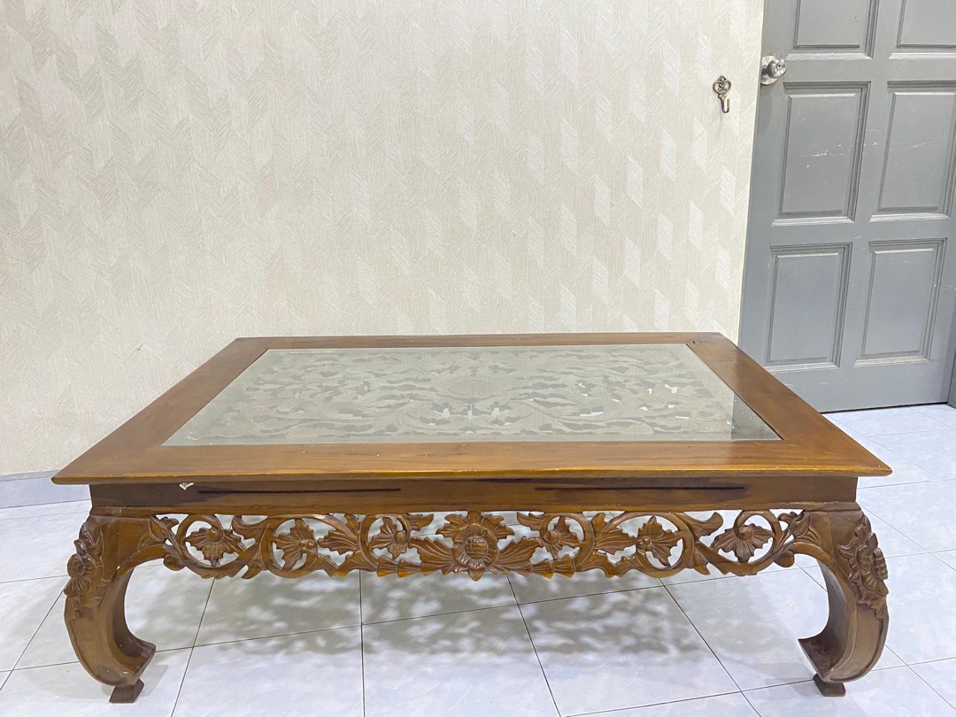(Kayu Jati Indo) Wooden Carved Coffee Table with Glass Top, Furniture ...