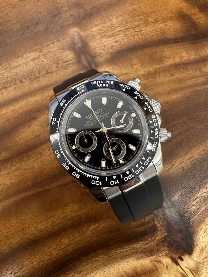 Seiko Mod Daytona Black Dial Rubber Strap, Men's Fashion, Watches ...