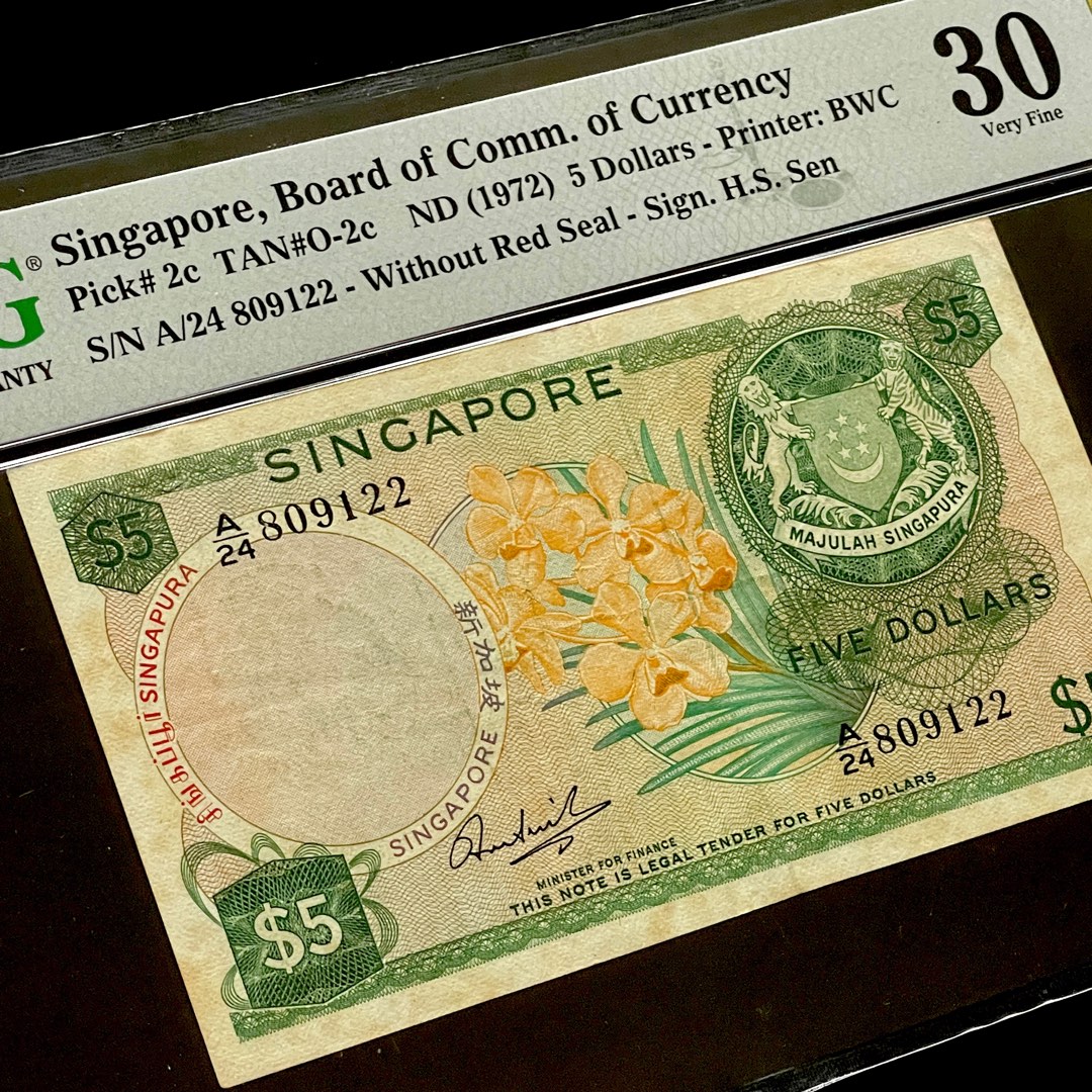1972 SINGAPORE ORCHID HSS W/O SEAL 5 DOLLARS A/24 809122 P-2c PMG 30 ...