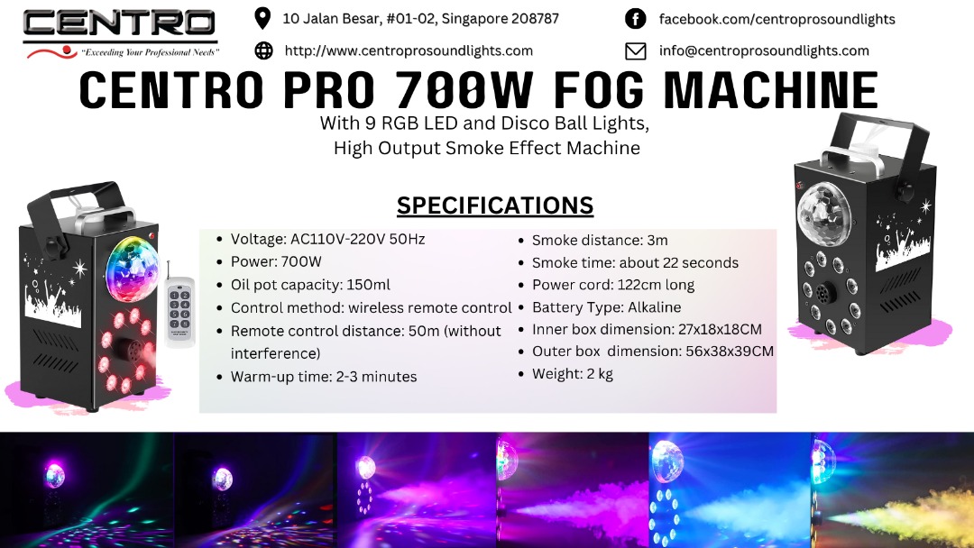 Centro Pro 700W Fog Machine with 9 RGB LED and Disco Ball Lights, High ...