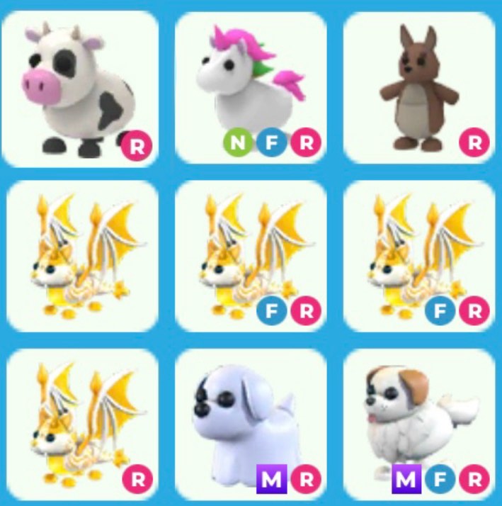 Adopt Me Pets - FR cow, NFR uni, R kanga, x4 fairy bat, MR ghost dog ...
