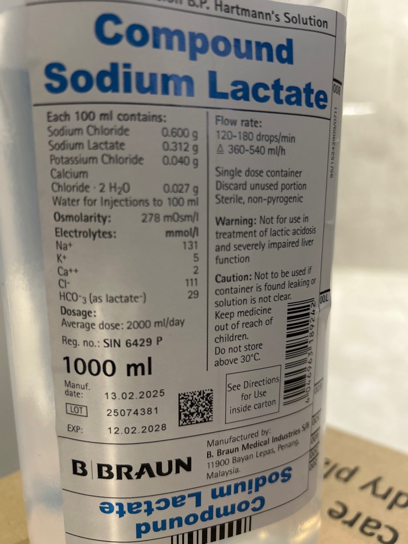 B. Braun Compound Sodium Lactate 1000ml, Health & Nutrition, Medical ...