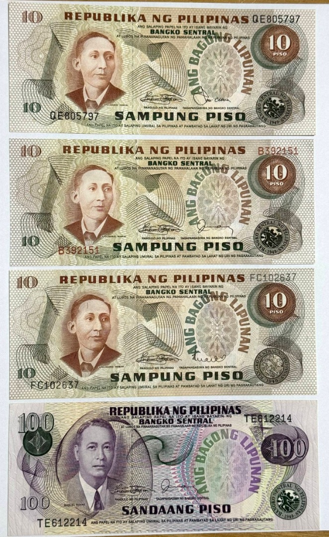 [SET OF 4] 10 & 100 peso ABL Ang Bagong Lipunan Money Banknotes Old XF ...