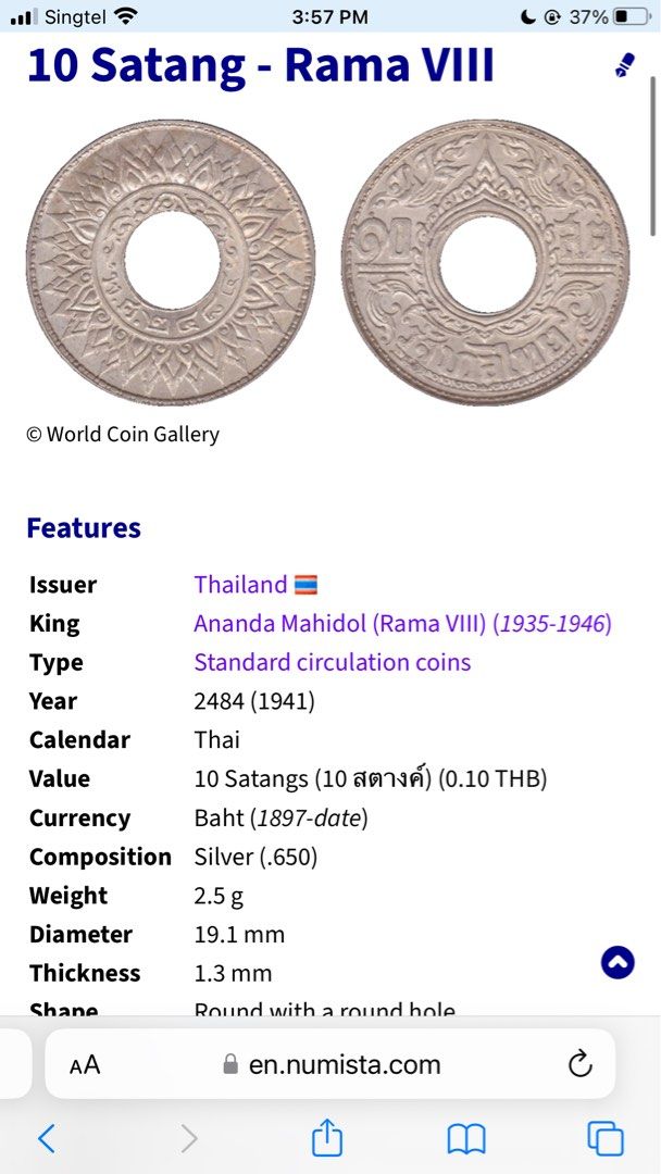 📣🔥🤩Year End Clearance/Fixed Price Thailand 10 Satang 1941 , Silver , highly collectable , nice ...