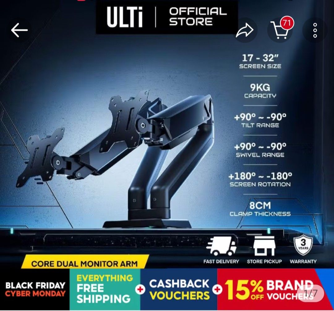 ULTI Core Dual Monitor Arm, Computers & Tech, Parts & Accessories ...