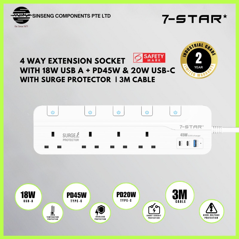 7-STAR* 4 Way Extension Socket with Individual Switch 18W USB A + PD45W ...