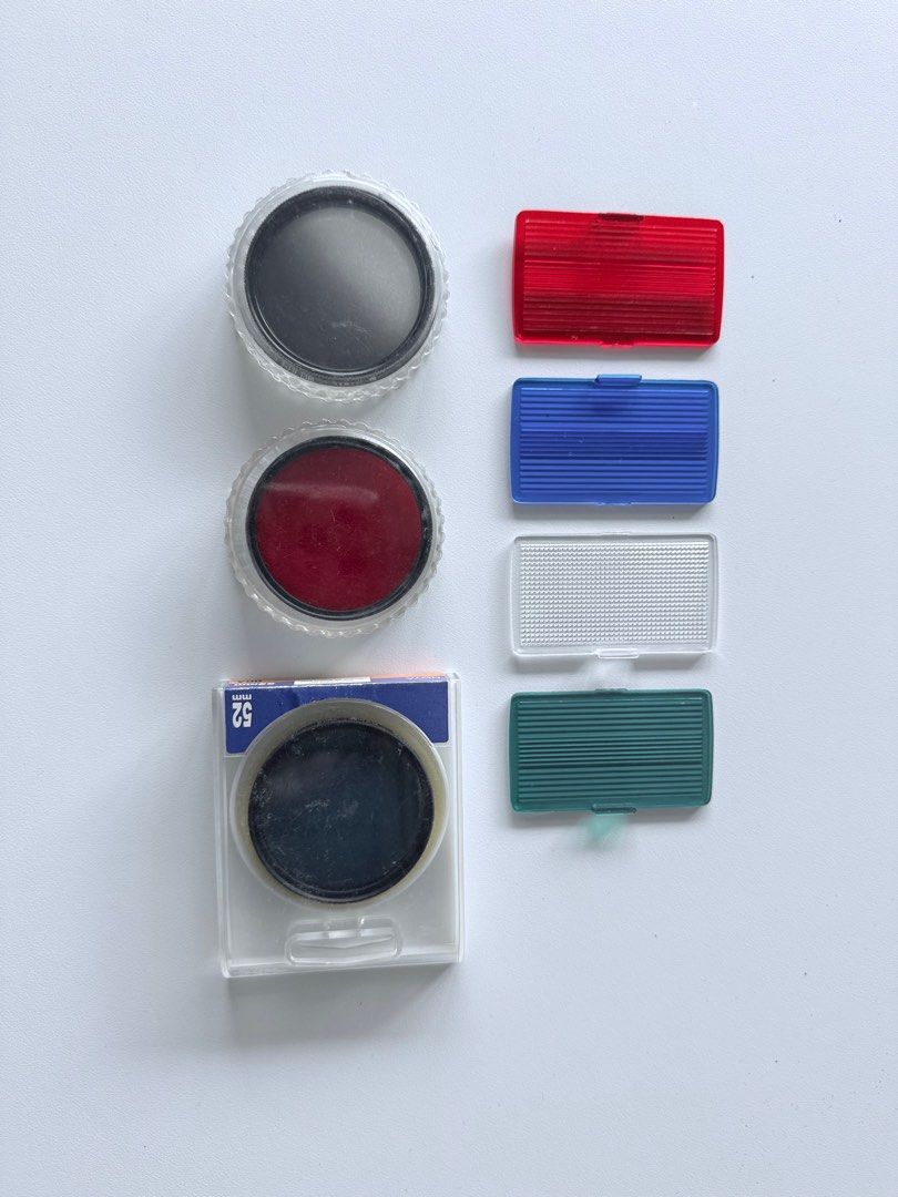 Assorted 52mm color filters, and flash filters, Photography ...