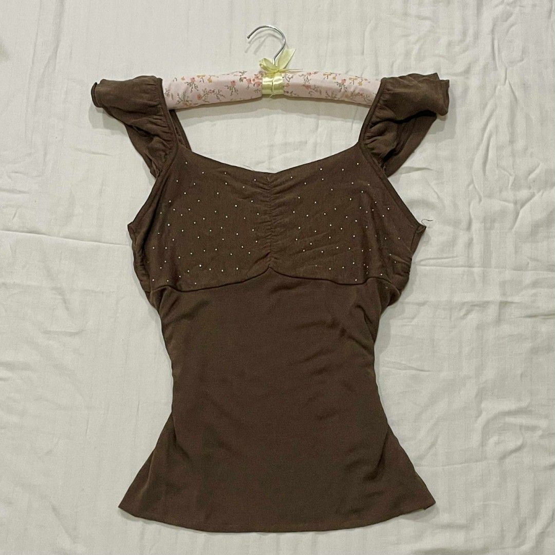 Brown Rhinestone Milkmaid Top (y2k acubi grunge vintage mori kei fairy ...