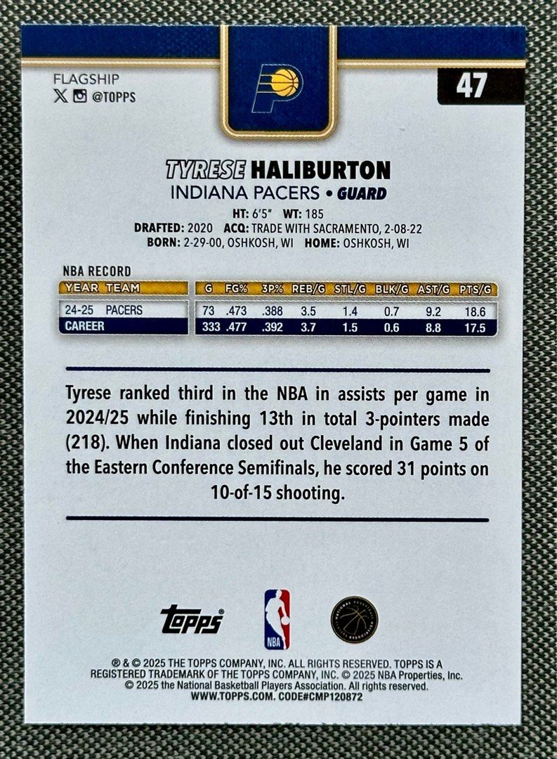 2025 NBA TYRESE HALIBURTON /2025 Topps Basketball Gold Border, Hobbies ...